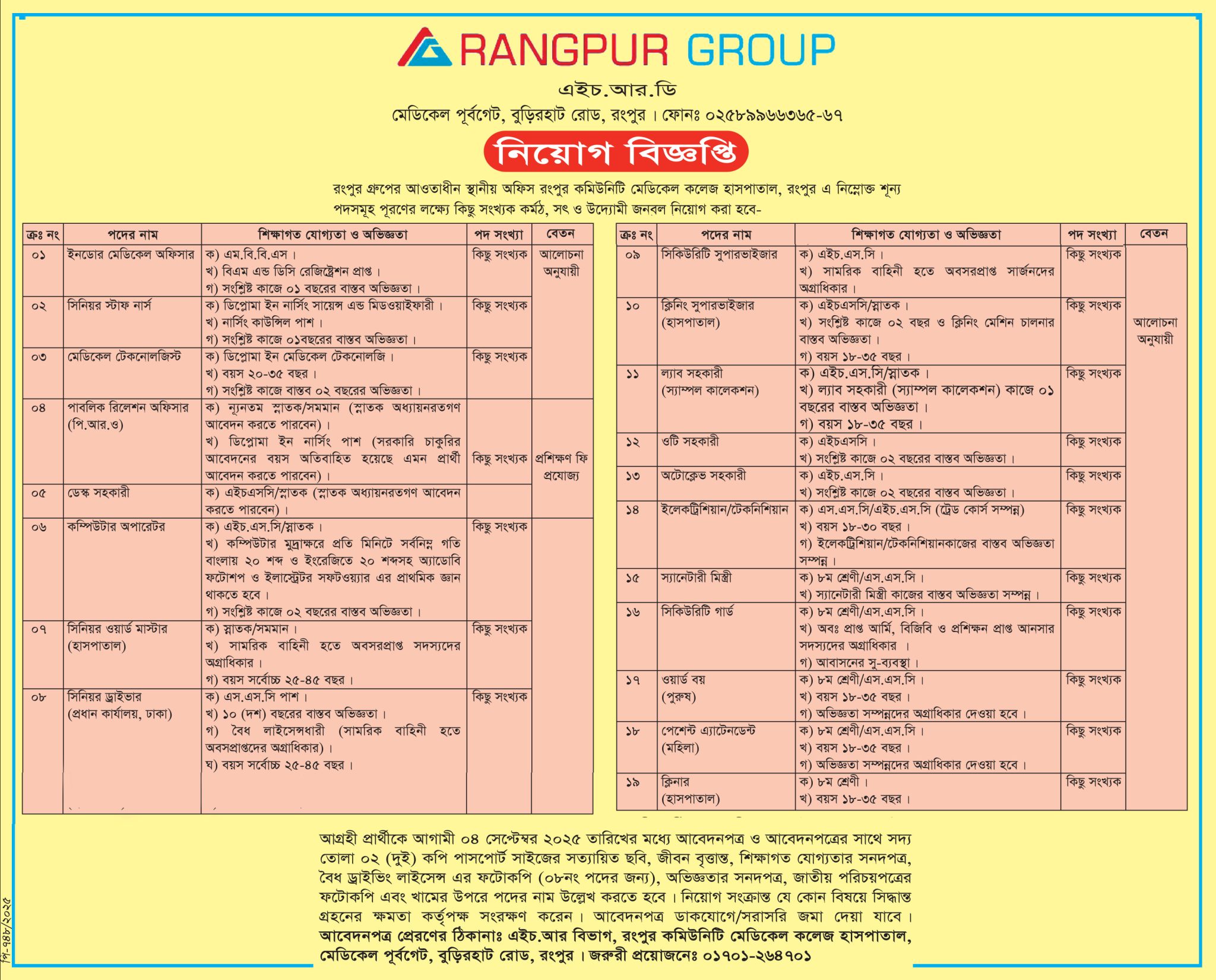 RCMC | Job Circular of Rangpur Group – 26th August 2025
